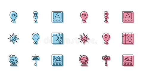 Set Line Earth Globe Road Traffic Sign Location With Coffee Cup Gps