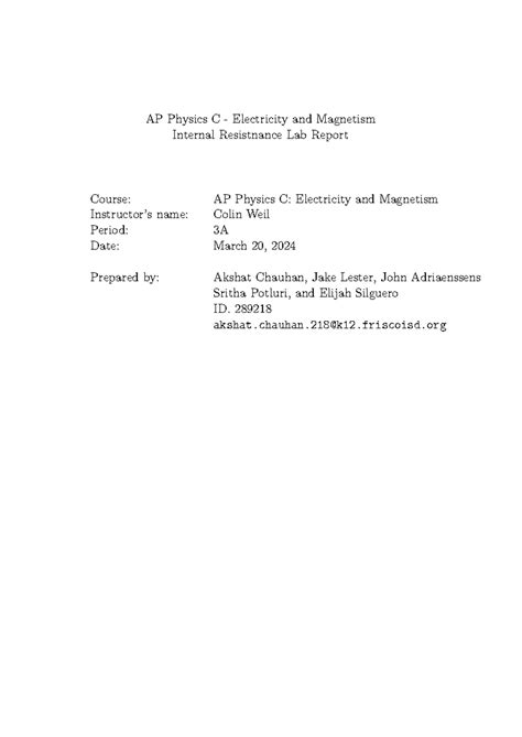 Ap Physics C Internal Resistance Lab Report Ap Physics C