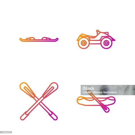 세트 라인 래프팅 보트 교차 패들 스노우 보드 및 모든 지형 차량 또는 Atv 오토바이 그라데이션 색상 아이콘입니다 벡터 강에 대한 스톡 벡터 아트 및 기타 이미지 Istock