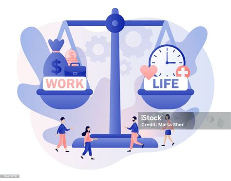 일과 삶의 균형 삶의 균형의 상징으로 큰 비늘 작은 사람들은 경력과 돈 대 사랑과 시간 사이에서 조화를 유지합니다 현대 플랫 만화 스타일 벡터 일러스트레이션 일과 삶의