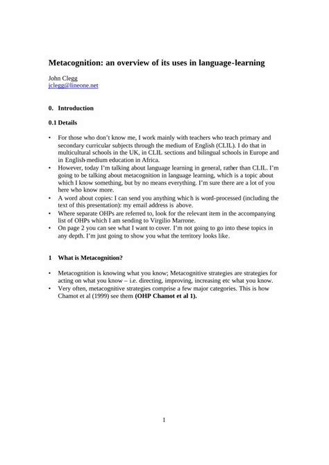 Pdf Metacognition An Overview Of Its Uses In Language Learning Dokumen Tips
