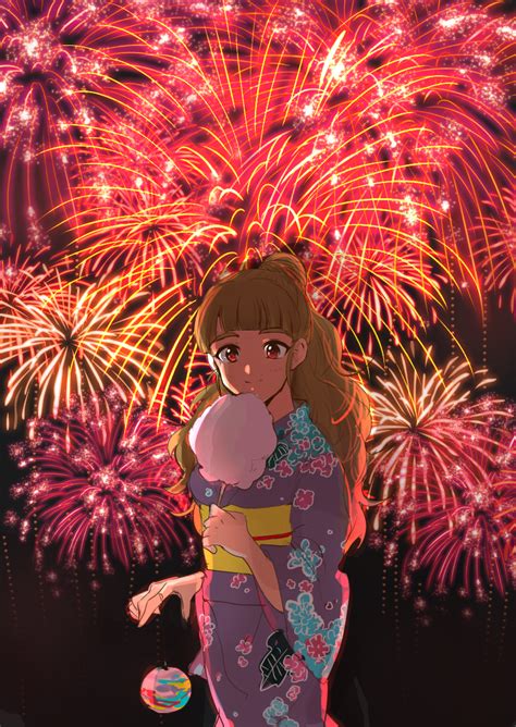 Safebooru 1girl Aerial Fireworks Blush Braid Braided Bun Brown Hair Cotton Candy Fireworks