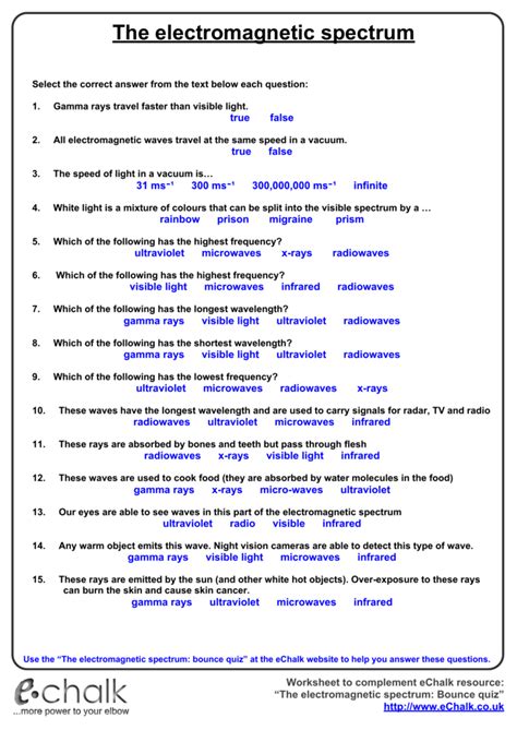 Electromagnetic Spectrum Worksheet Answers Proworksheet