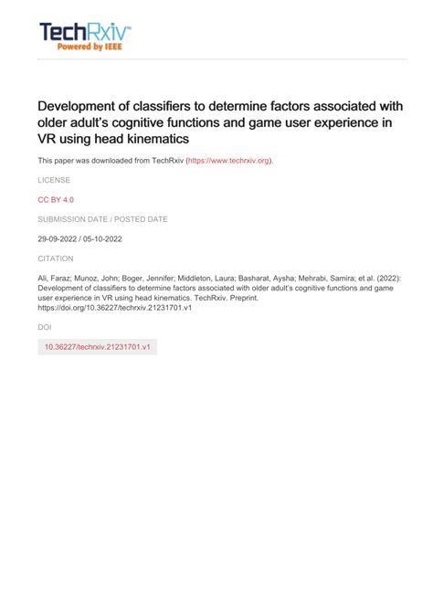 Pdf Development Of Classifiers To Determine Factors Associated With Older Adults Cognitive