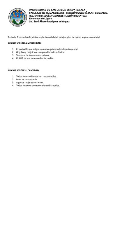 Ejemplos Juicios Universidad De San Carlos De Guatemala Facultad De