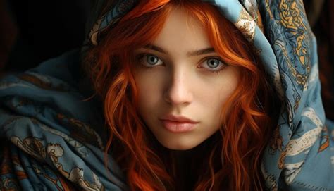 Premium Photo Beautiful Redhead Woman With Long Curly Hair Looking At
