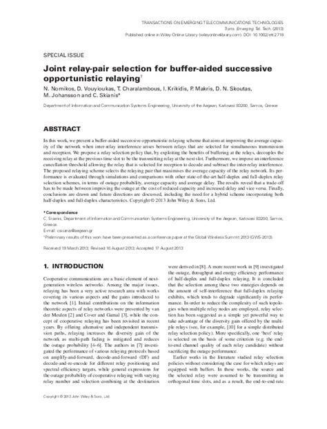 Pdf Joint Relay Pair Selection For Buffer Aided Successive Opportunistic Relaying