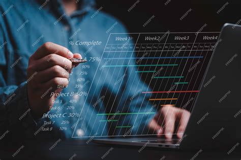 사업가가 컴퓨터 키보드를 입력하여 비즈니스 일정 계획을 업데이트하고 가상 화면 Grantt 차트 일정 다이어그램 프로젝트 관리