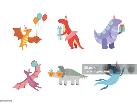 생일 축하 벡터 세트를 축하하는 선물 상자가 있는 파티 모자를 쓴 귀여운 공룡 공룡에 대한 스톡 벡터 아트 및 기타 이미지 공룡 공휴일 귀여운 Istock