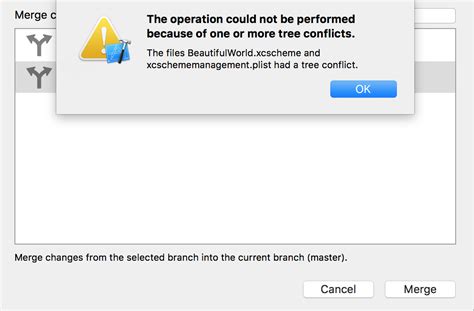 Xcode Unable To Merge A Branch To Master Due To Tree Conflicts