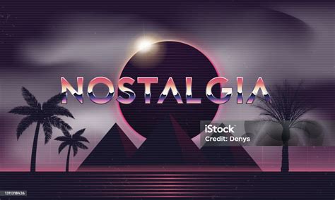 향수 80년대 로고 일식 배경 복고풍 80의 배경 템플릿 피라미드와 야자수가 있는 복고풍 크롬 로고 레트로 웨이브 배경 배너 포스터용 템플릿입니다 벡터 일러스트레이션