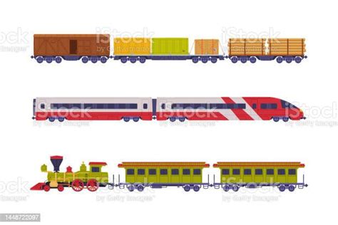 화물 및 여객 철도 운송 세트 화물 및 대중 교통 평면 벡터 일러스트 레이 션 거리에 대한 스톡 벡터 아트 및 기타 이미지 거리 교통수단 기계류 Istock