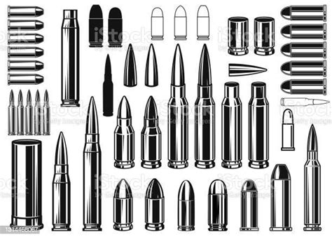 빈티지 흑백 스타일의 총알과 카트리지의 일러스트레이션 세트 라벨 기호 엠블럼 포스터용 디자인 요소 벡터 일러스트레이션 총알에 대한 스톡 벡터 아트 및 기타 이미지 Istock