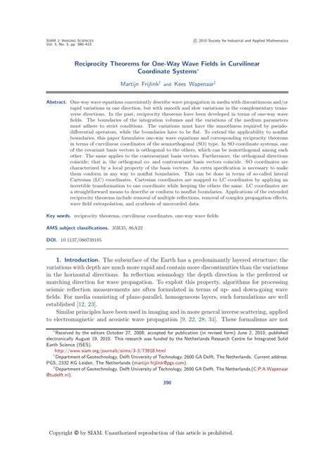Pdf Reciprocity Theorems For One Way Wave Fields In Curvilinear Coordinate Systems