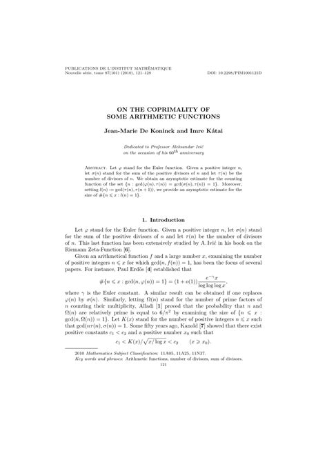 Pdf On The Coprimality Of Some Arithmetic Functions