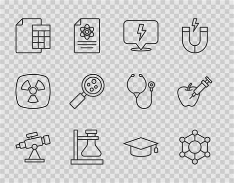 Set Line Telescope Molecule Lightning Bolt Test Tube Flask On Stand Calculator