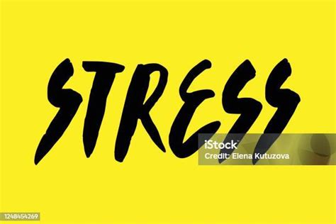 스트레스 단어의 벡터 그림입니다 손으로 그린 브러시 레터링 정신 건강 헬스케어 타이포그래피 시술 개념을 인용합니다 노란색 배경에 검은 글자 요법에 대한 스톡 벡터 아트 및