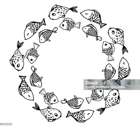 프레임은 물고기의 원형입니다 텍스트 내부의 빈 공간 레이블 디자인 템플릿 간판을 위한 검은색 윤곽선이 있는 원형에 흔들리는 선 패턴이 있는 벡터 낙서 물고기 템플릿 0명에