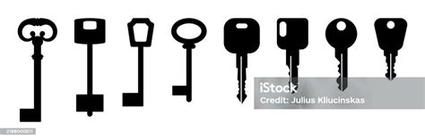 키 벡터 아이콘 집합입니다 자물쇠를 풀기 위해 집과 문 열쇠의 검은 실루엣 웹 그래픽 디자인 및 인쇄를 위한 보안 시스템 및 출입 통제 그림 흰색 배경에 고립되어 있습니다