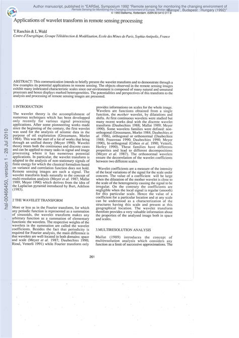 Pdf Applications Of Wavelet Transform In Remote Sensing Data Processing