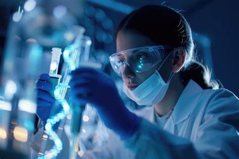 A Woman Wearing A White Lab Coat And Protective Goggles Diligently Working On A Pipe In A