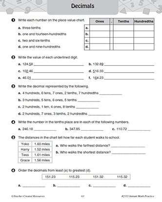 Decimals Practice Worksheet Packet For 5th Grade Math Teachervision