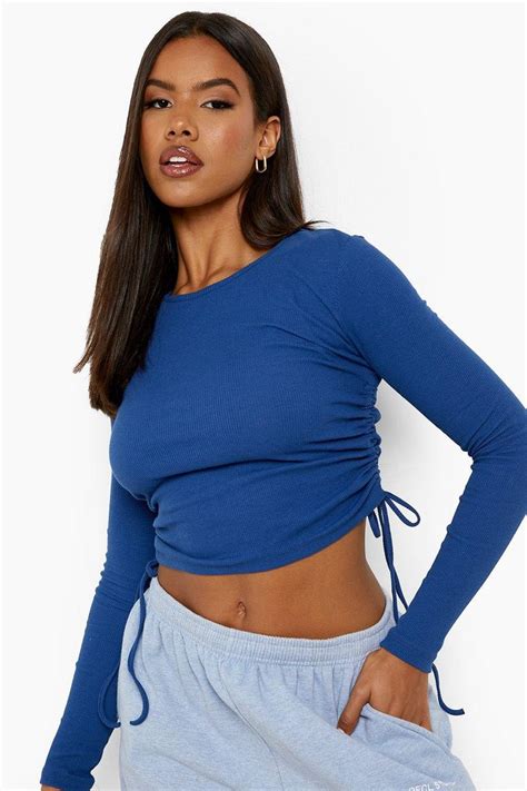 Side Ruched Long Sleeve Crop Top Crop Tops Long Sleeve Crop Top Womens Long Sleeve Shirts