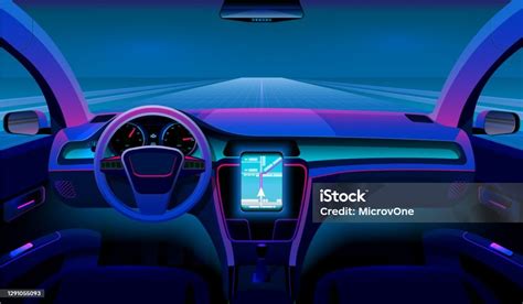 미래 지향적 인 자동차 내부 네온 자동차 현대적인 인테리어 및 도로 그리드 야간 교통 벡터 배경에 무인 차량 차에 대한 스톡