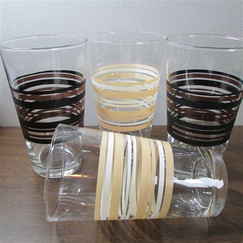 Vintage Libby Drink Glasses Brown And Beige Rings Set Of 4 Etsy