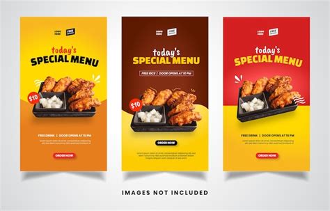 음식 메뉴 프로모션 및 레스토랑 인스 타 그램 스토리 템플릿 프리미엄 벡터