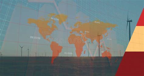 Animation Of Statistical Data Processing Over World Map Against Spinning Windmills Stock Video