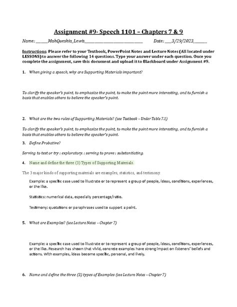 Assignment 9 Updated Chapters 7 And 9 Assignment 9 Speech 1101