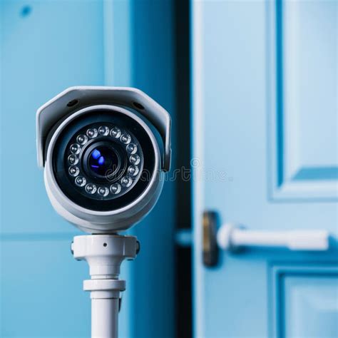 Surveillance Camera With Circular Lens Faces Slightly Ajar White Door