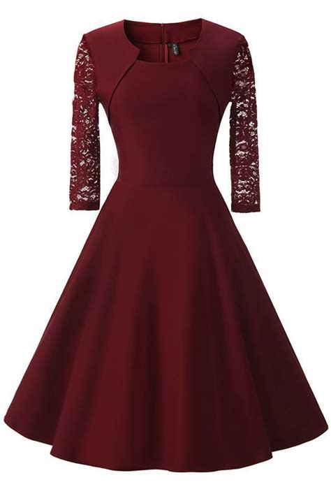 Half Sleeve Burgundy Womens Cocktail Evening Party Dress Trendy Lace