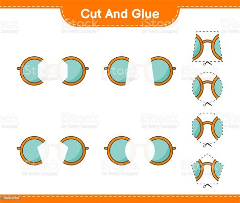 잘라 붙이고 접착제를 자르고 선글라스의 일부를 자르고 접착제를 붙입니다 교육 어린이 게임 인쇄 워크 시트 벡터 일러스트레이션 0명에 대한 스톡 벡터 아트 및 기타 이미지