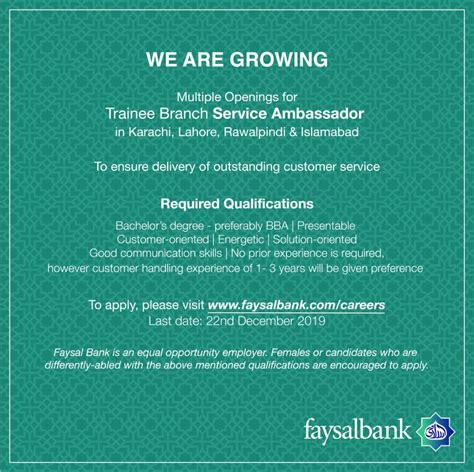 Faysal Bank Has Multiple Job Opening Of Trainee Branch Service