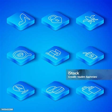 에펠탑 국기 프랑스 마카롱 쿠키 커피 컵 이동 플뢰르 드 리스 여성 신발 및 종이 쇼핑백 아이콘을 설정합니다 벡터 3차원 형태에 대한 스톡 벡터 아트 및 기타 이미지