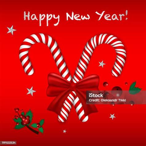 현실적인 크리스마스 달콤한 사탕 지팡이 새해 복 당 기 및 메리 크리스마스 휴일 을 축하 벡터 일러스트레이션 빨간 활과 리본 인사말 카드 전단지 파티에 대 한 소원 만화