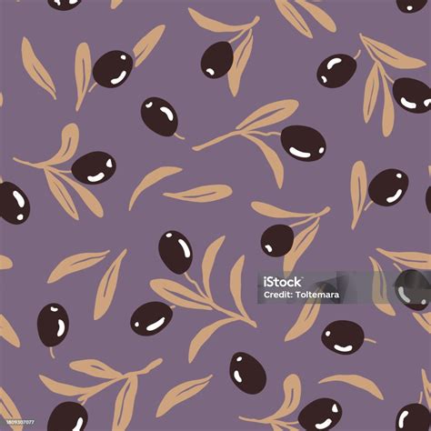 벡터 완벽 한 패턴 와 손으로 그린 잘 익은 올리브 나무 가지 통하고 있는 보라색 천연 유기농 화장품 포장지 비누 올리브 오일의