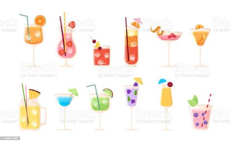 신선한 여름 음료 레모네이드 주스 및 칵테일 파티 음료 메뉴 만화 아이콘입니다 수영장 또는 해변 바 신선한 음료 아늑한 벡터 그래픽 여름에 대한 스톡 벡터 아트 및 기타