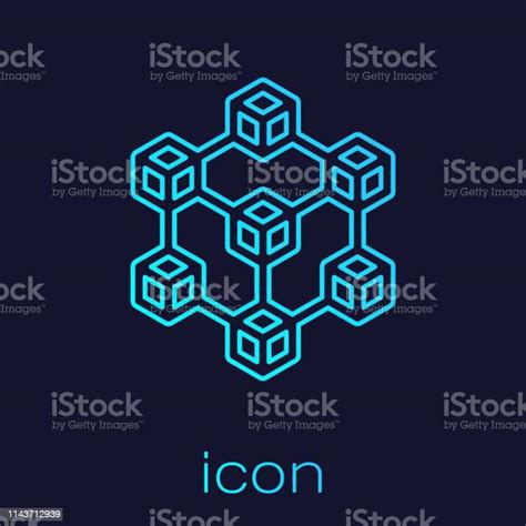 청록색 블록 체인 기술 라인 아이콘 파란색 배경에 고립입니다 암호 화폐 데이터 표시 추상적인 기하학적 블록 체인 네트워크 기술