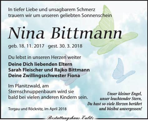 Traueranzeigen Von Nina Bittmann Trauer Anzeigende