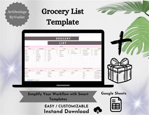 Grocery List Template Editable Printable Digital Download Organize Shopping Meal Planning