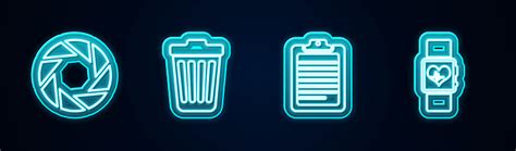 라인 카메라 셔터 휴지통 문서가있는 클립 보드 및 스마트 시계 심장 박동 속도를 설정합니다 빛나는 네온 아이콘입니다 벡터 건강 검진에 대한 스톡 벡터 아트 및 기타 이미지