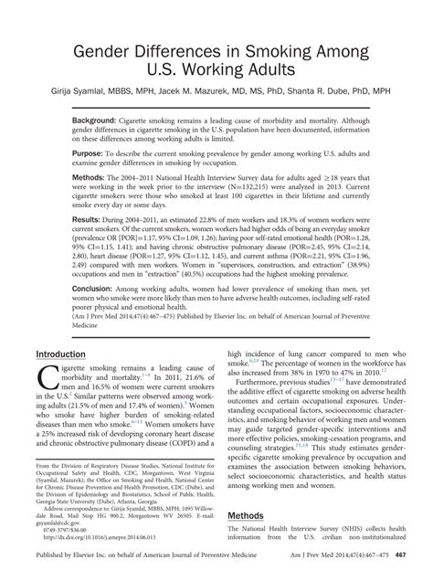 Pdf Gender Differences In Smoking Among Us Working Adults