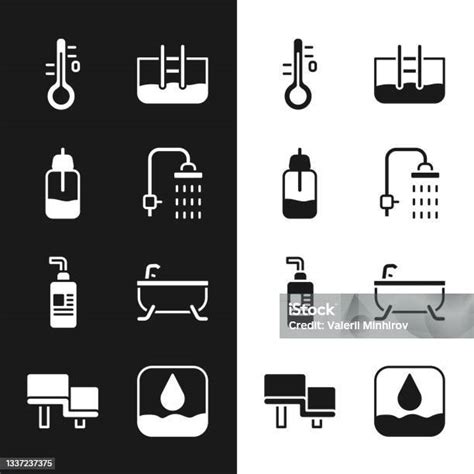 세트 샤워 에센셜 오일 병 사우나 온도계 사다리가있는 수영장 크림 또는 로션 화장품 튜브 욕조 물 방울 및 나무 벤치 아이콘 벡터 건강관리와 의술에 대한 스톡 벡터 아트 및