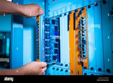 People Fix Core Switch In Network Room Stock Photo Alamy