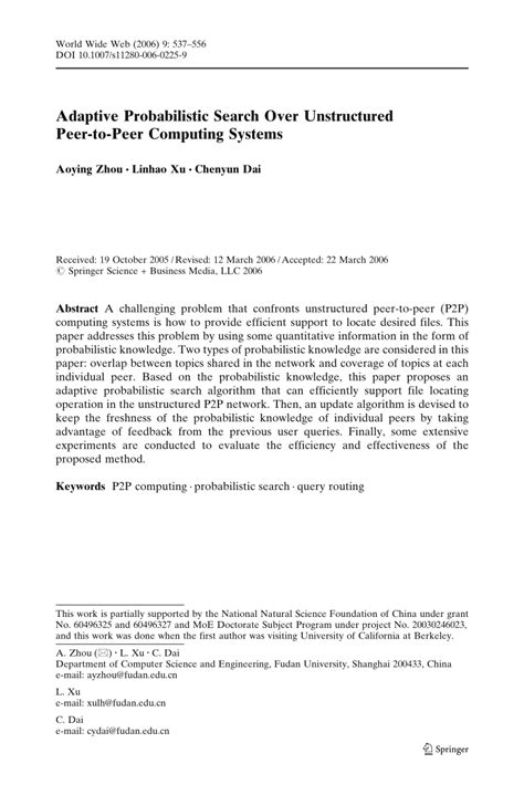 Pdf Adaptive Probabilistic Search Over Unstructured Peer To Peer