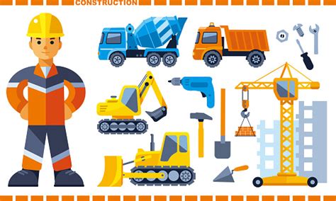 다양한 건설 장비 및 요소 세트 빌더 콘크리트 믹서 굴삭기 불도저 크레인 망치 드릴 삽 흙손 덤프 트럭 스크루 드라이버 렌치 플랫 격리 된 그림입니다 시멘트 혼합기에 대한