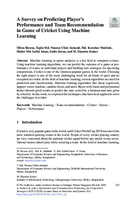 Pdf A Survey On Predicting Players Performance And Team